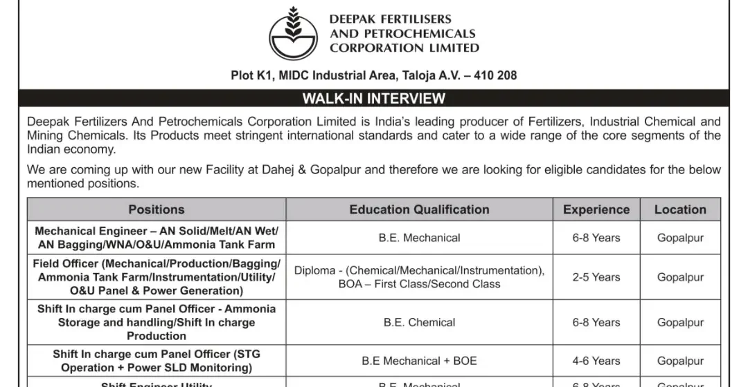 Deepak Fertilizers Walk-In Interview 2025 | Engineering Jobs At Dahej ...
